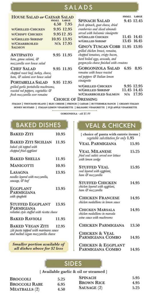 Menu Poughkeepsie - Ginos Pizzerias Poughkeepsie