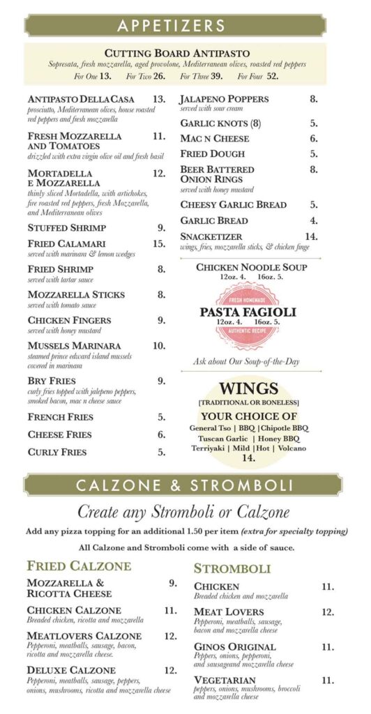 Menu Poughkeepsie - Ginos Pizzerias Poughkeepsie