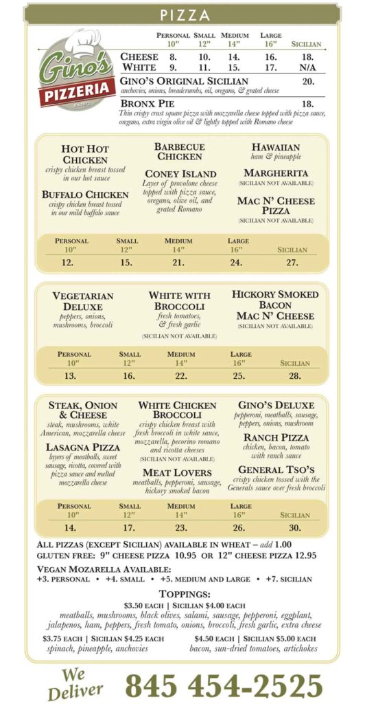 Menu Poughkeepsie - Ginos Pizzerias Poughkeepsie