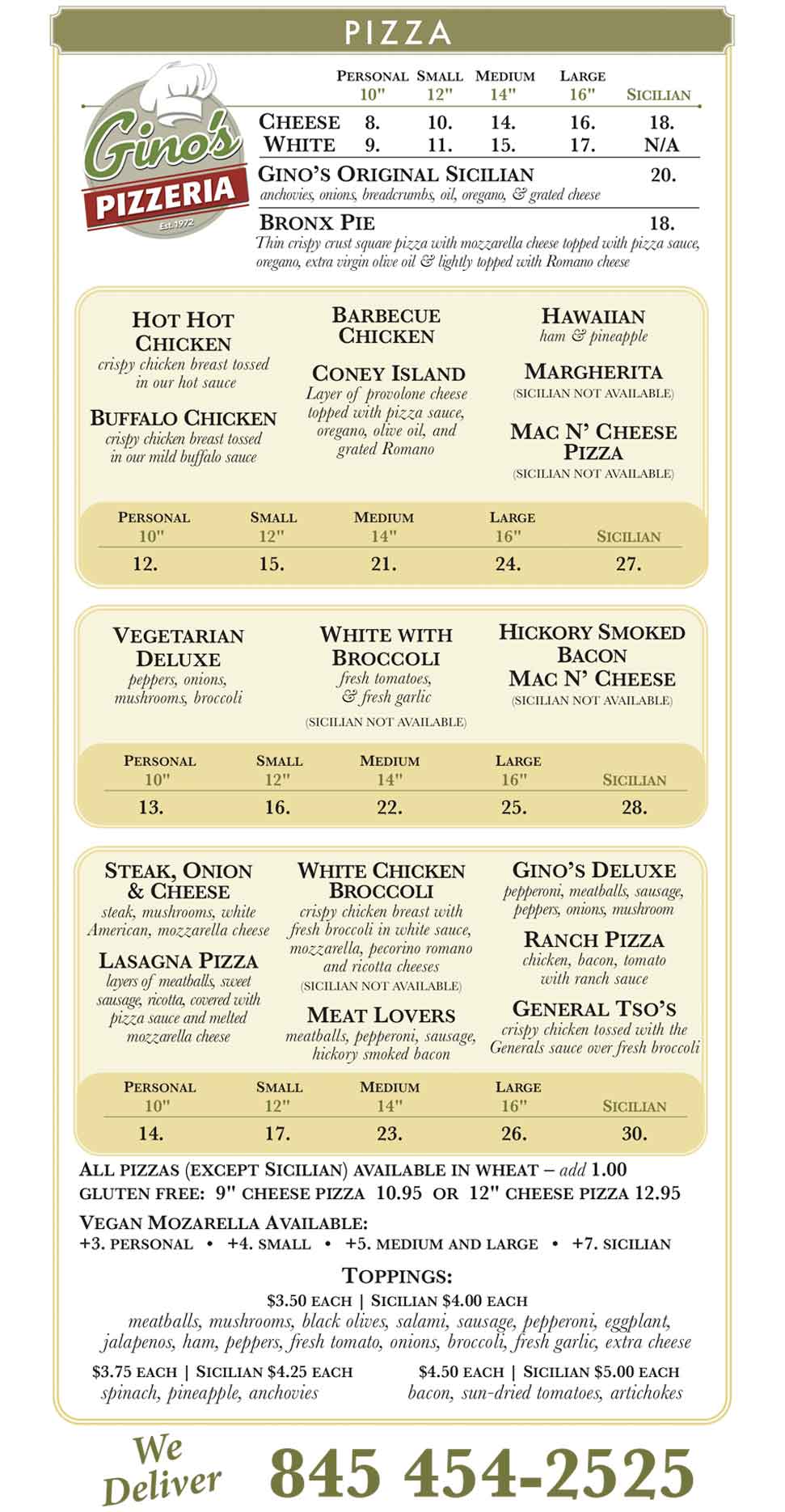 Menu Poughkeepsie - Ginos Pizzerias Poughkeepsie